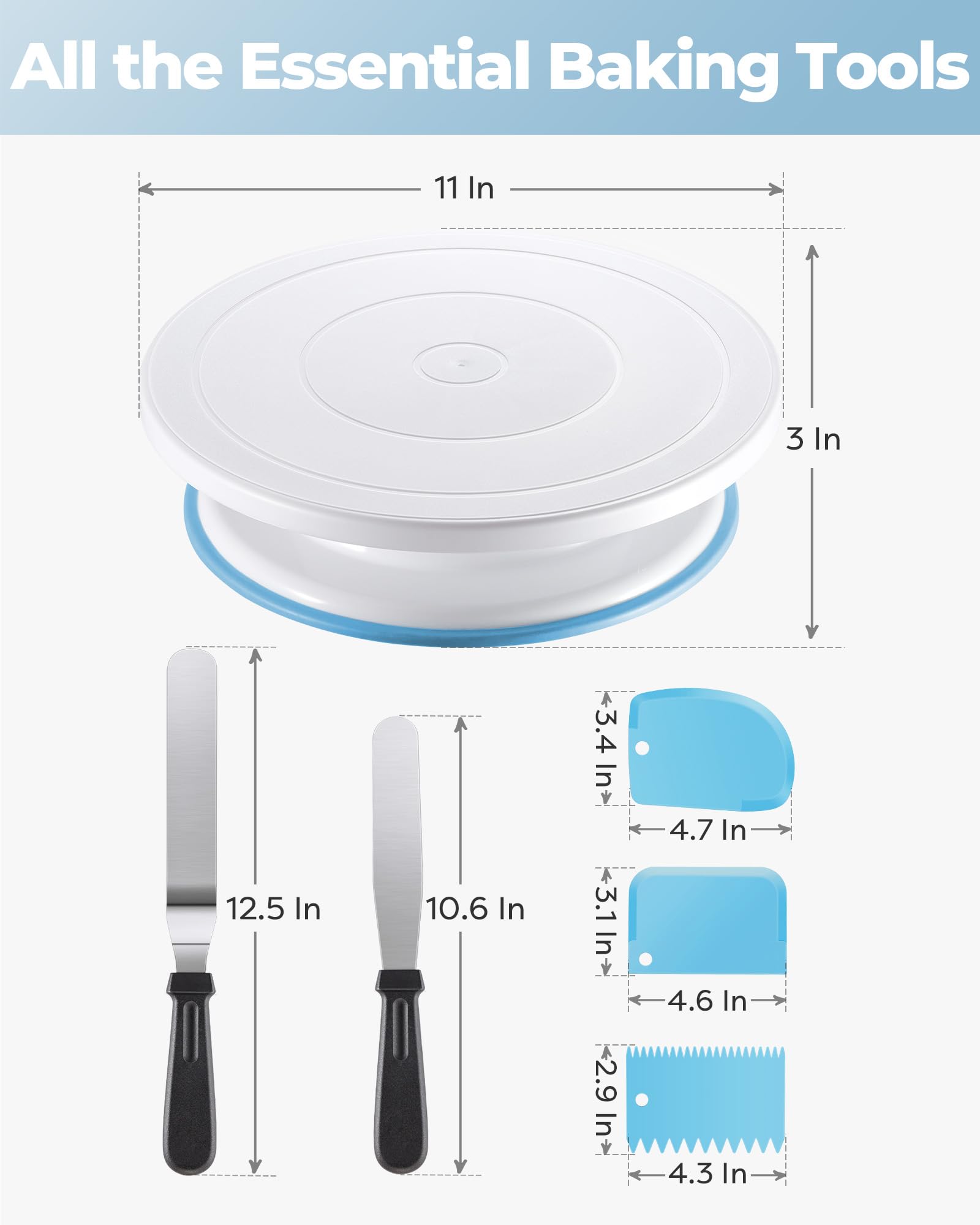 Kootek Cake Decorating Kit Baking Supplies Cake Turntable with 2 Frosting Straight Angled Spatula 3 Icing Smoother Scrapers Baking Accessories Tools for Beginners and Pros, Blue