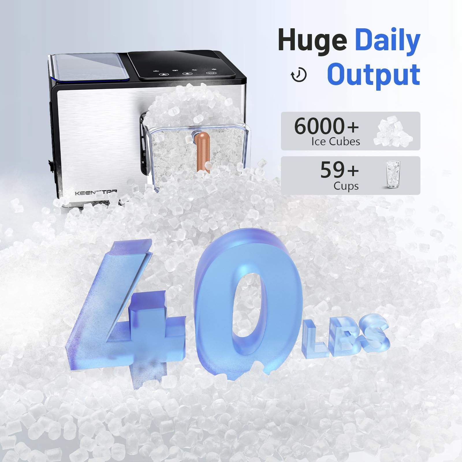 Pebble Ice Maker with Soft Chewable Ice, Self Cleaning Sonic Ice Machine, Stainless Steel w/Touch Screen, Compact Design for Home Office Bar Party- Silver