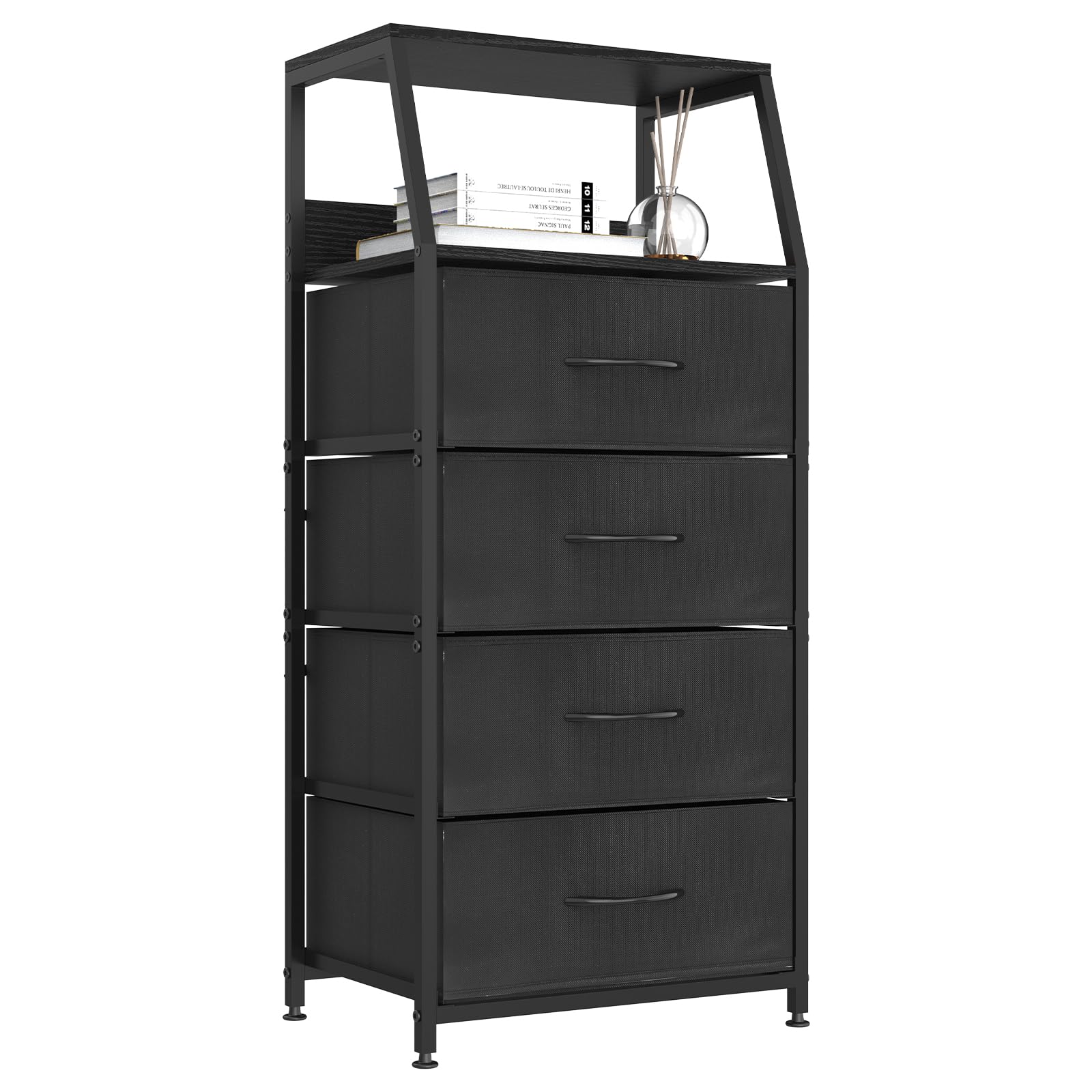 OGEMXU Nightstand with Drawers, Small Dresser with 3 Fabric Drawers, 2-Tier Shelf Bedside Table Storage and Organization, End Table Storage Shelf for Small Space, Bedroom, Apartment, Black