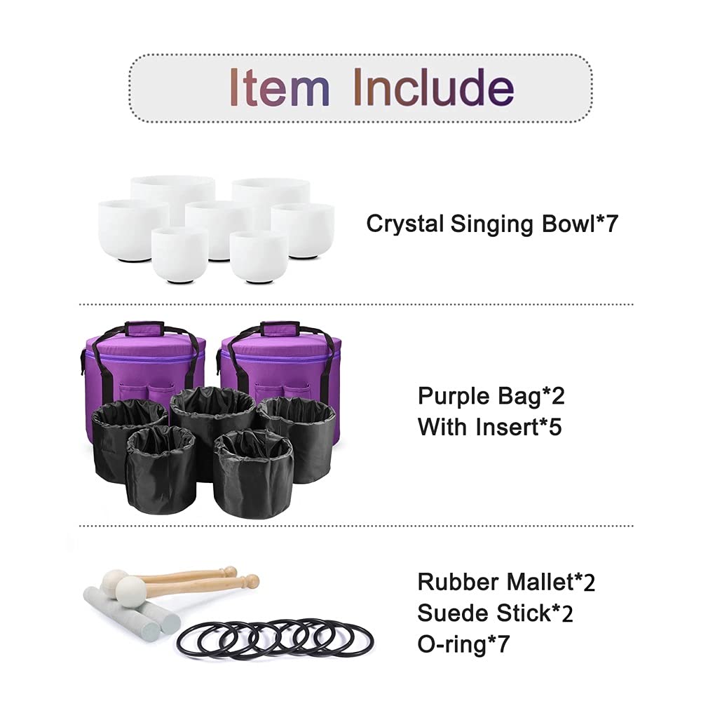 N/A 7-12 Inch Note Set of 7PCS Chakra Frosted Quartz Crystal Singing Bowl with Free Carry Bag