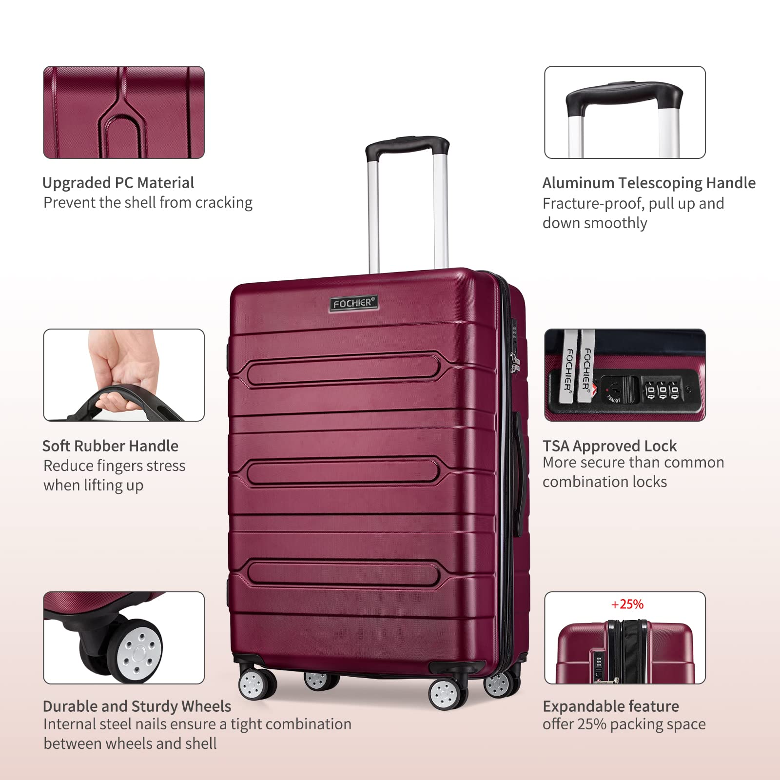 Fochier 3 Piece Expandable Luggage Set with TSA Lock, Hard Shell Rolling Suitcase Set with 4 Spinner Wheels for Women Man, 20 24 28 Inch