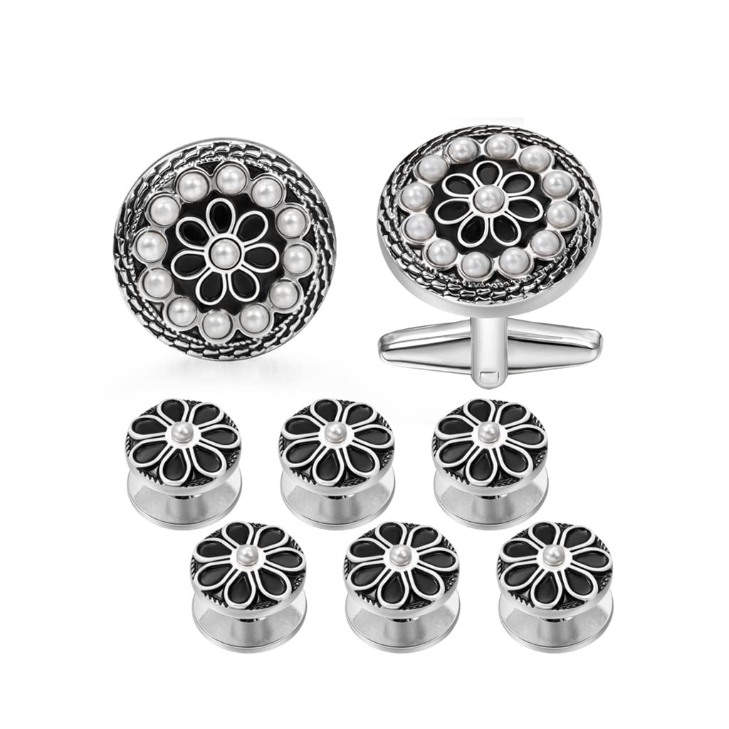Flower Cufflink and Studs for Men Round Black Enamel&Pearl Cuff Links Set Tuxedo Shirt Studs with (Color : A, Size : Same Size) (A Same Size)