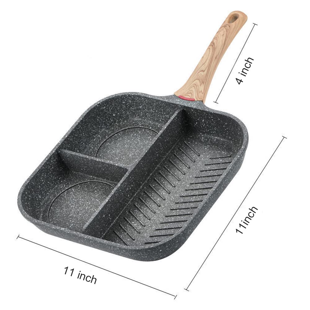 JUSTUP Nonstick Egg Frying Pan, 3-in-1 Egg Pan Divided Grill Frying Pan, Heat Resistant Handle 3 Section Skillet, Omelette Pan for Breakfast, Egg, Bacon and Burgers (11.4 Inch)