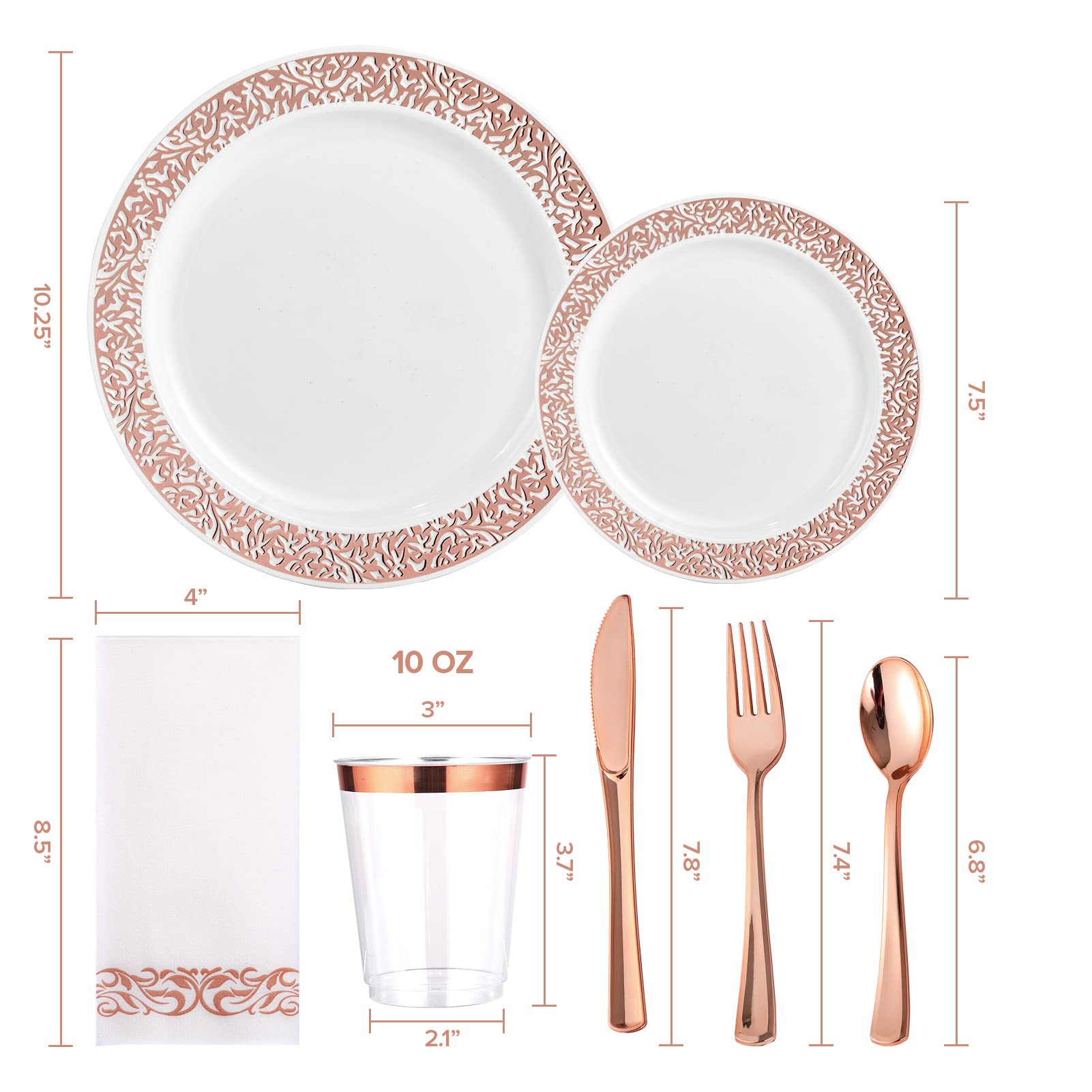 FOCUSLINE 350pcs Rose Gold Dinnerware Set for 50 Guests, Rose Gold Lace Plastic Plates Disposable Heavy Duty, Including 50 Dinner Plates, 50 Dessert Plates, 50 Cups, 50 Napkins, 50 Silverware Set