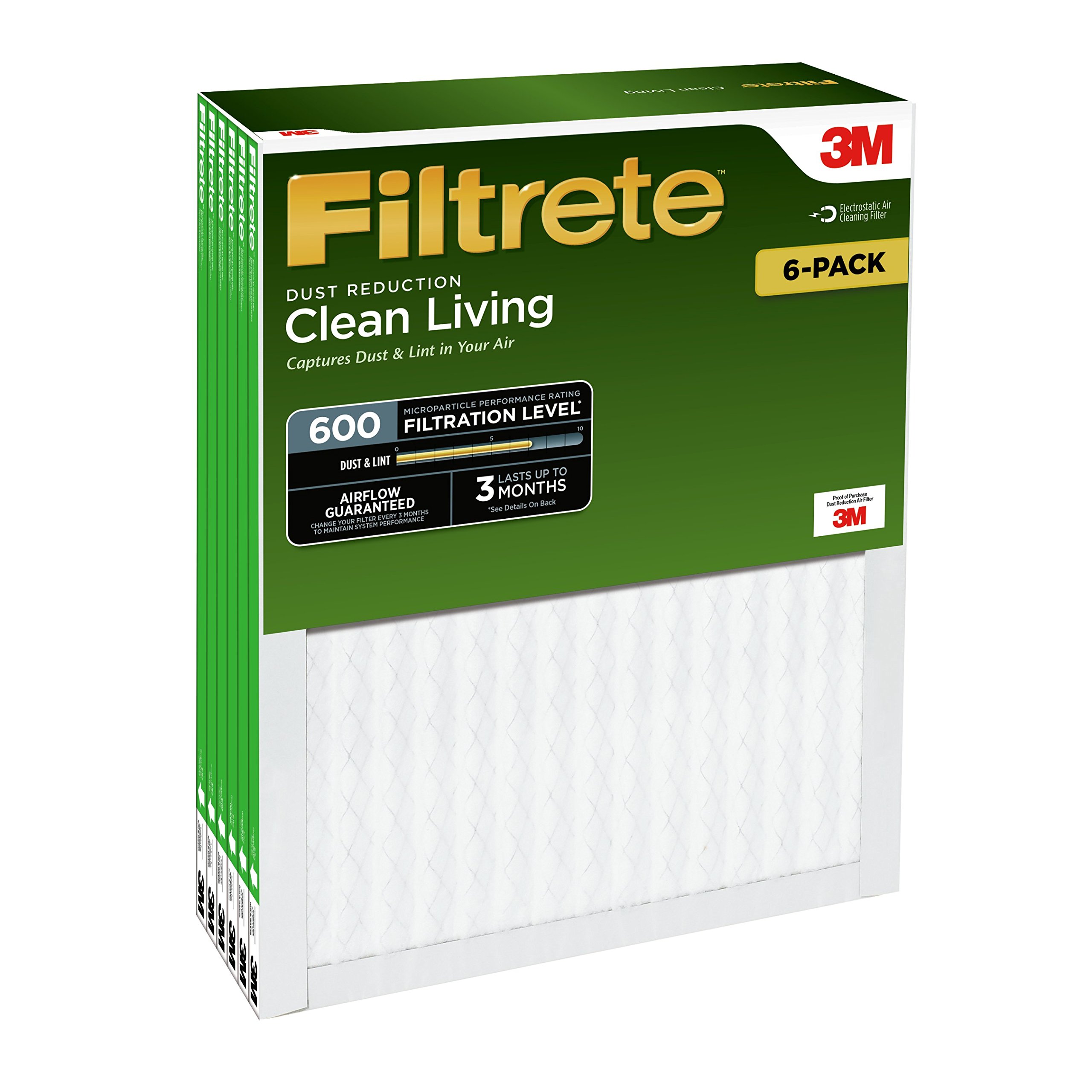 Filtrete 16x25x1 Air Filter, MPR 600, MERV 7, Clean Living Dust Reduction 3-Month Pleated 1-Inch Air Filters, 6 Filters