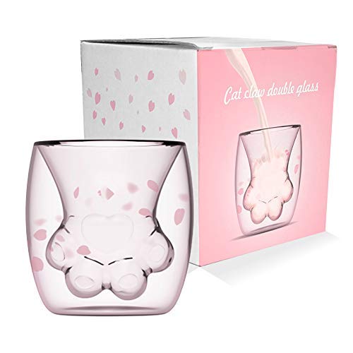 Jsacemxi Sakura Coffee Mug Double Wall Glass Cup Cat Claw Cup Heat-Resistant Handmade Creative Milk Mug Tea Whiskey Cup (Cat Paws) (Cute cups)