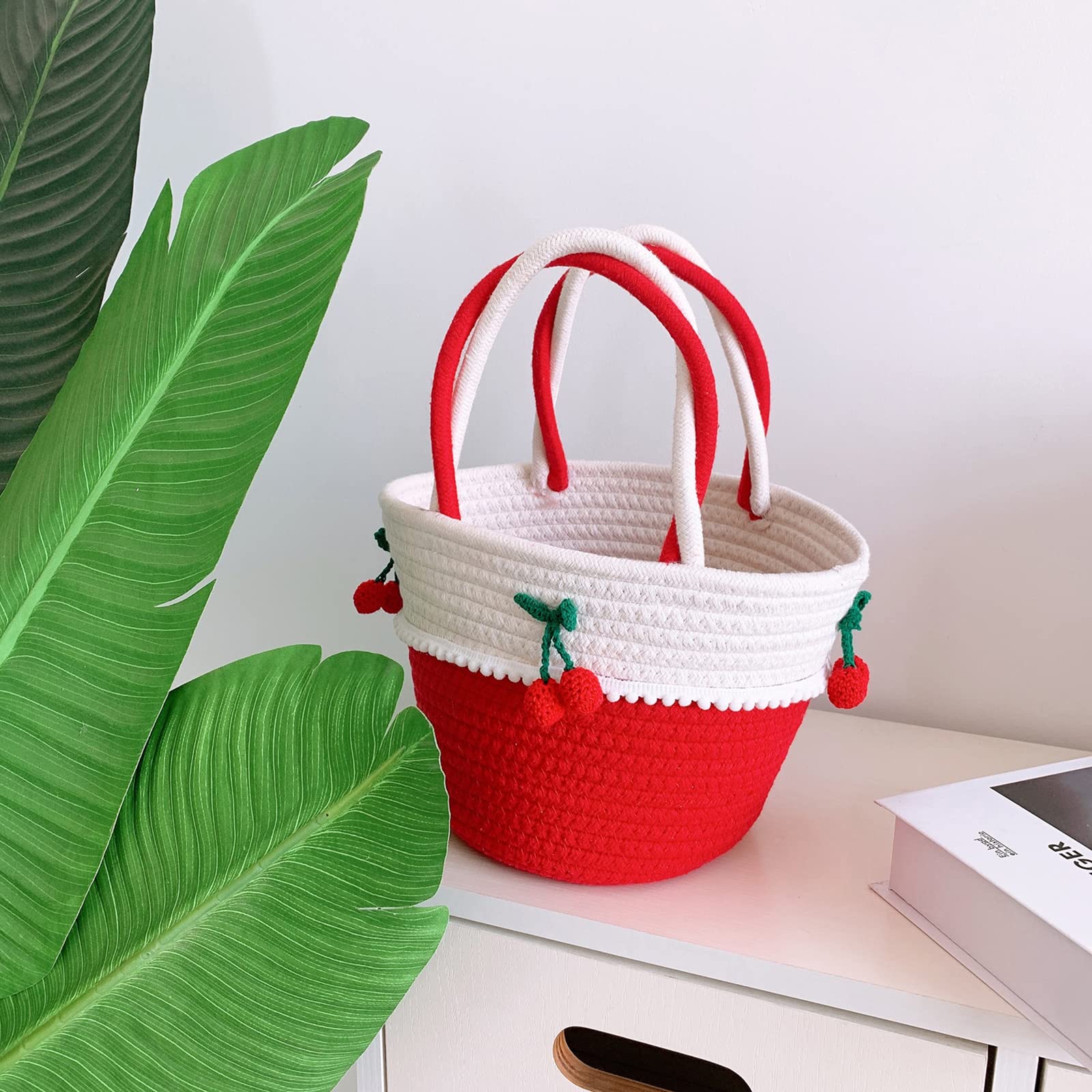 LOHGOU Women Girls Handwoven Cotton Handbag Cute Cherry Tote Bag Summer Beach Purse (Red)