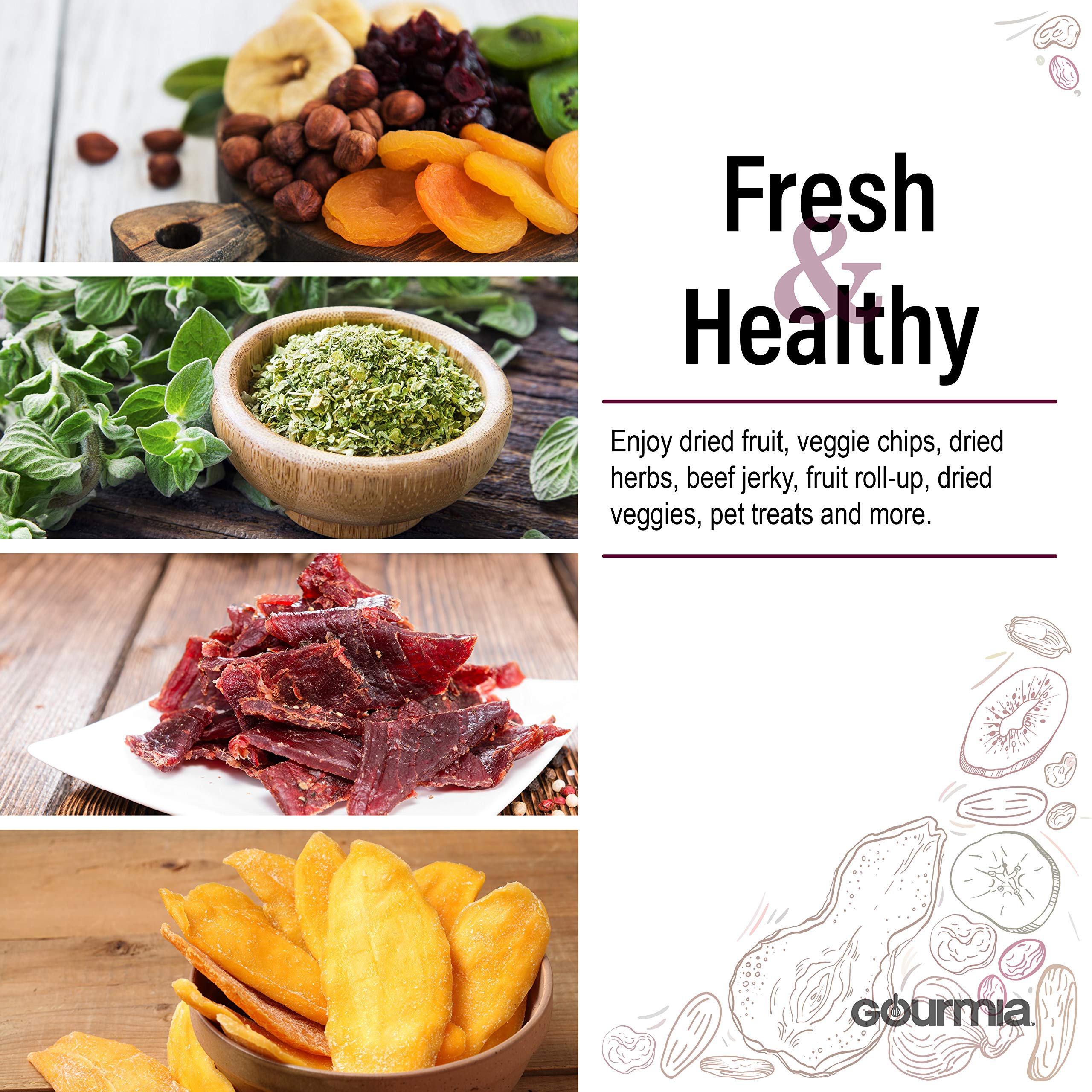 Gourmia GFD1950 Premium Electric Food Dehydrator Machine - Digital Timer and Temperature Control - 9 Drying Trays - Perfect for Beef Jerky, Herbs, Fruit Leather - BPA Free - Black