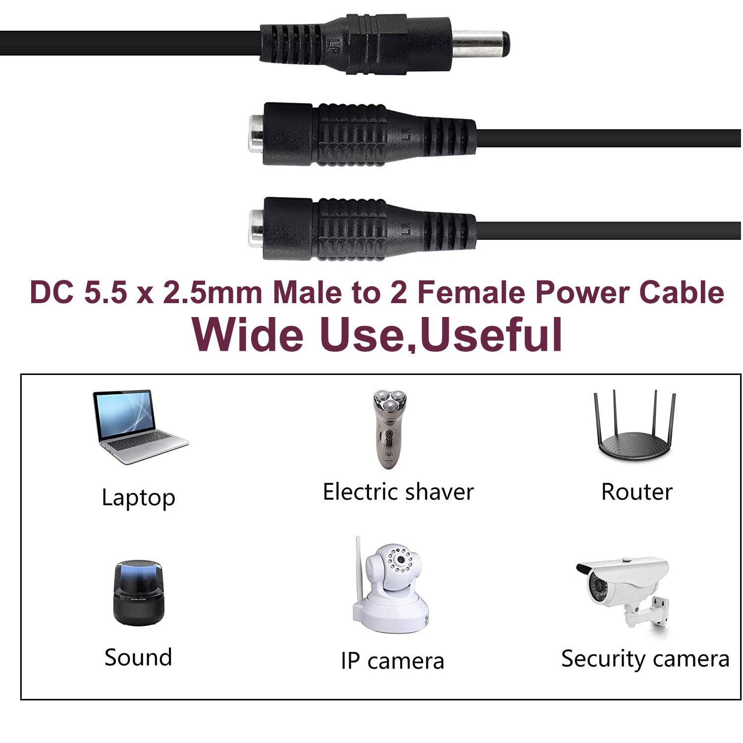 UpperFu DC Power Y Splitter Cable, 2 Pcs 5.5mm x 2.5mm 1 Male to 2 Female DC Power Extension Adapter Cable for CCTV Surveillance Cameras Surveillance Routers DVR Led Light Strips