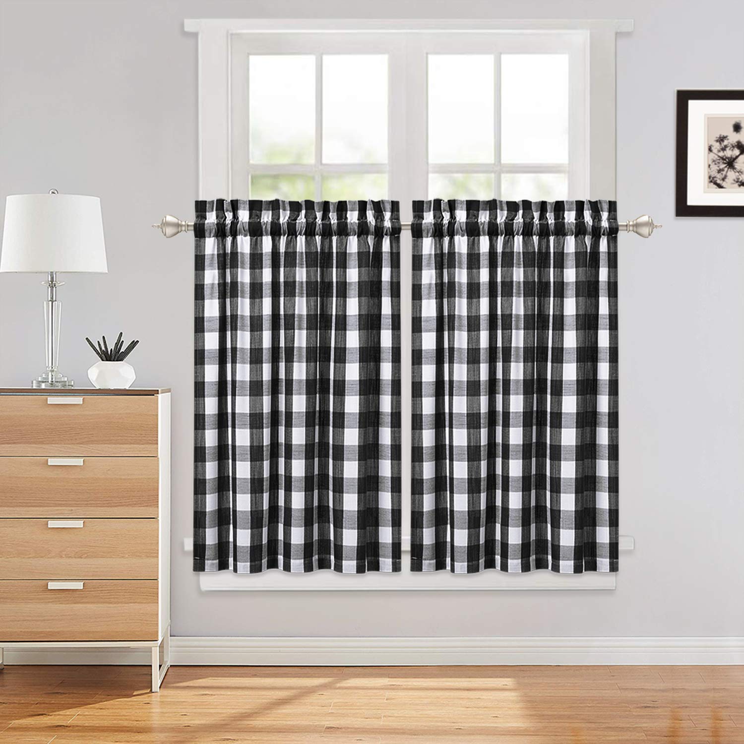 Haperlare Cafe Curtains 36 Inch, Gingham Plaid Rod Pocket Bathroom Window Curtains, Buffalo Check Chic Yarn Dyed Kitchen Window Curtain Sets for Bathroom, 28" x 36", Sage/White, Set of 2