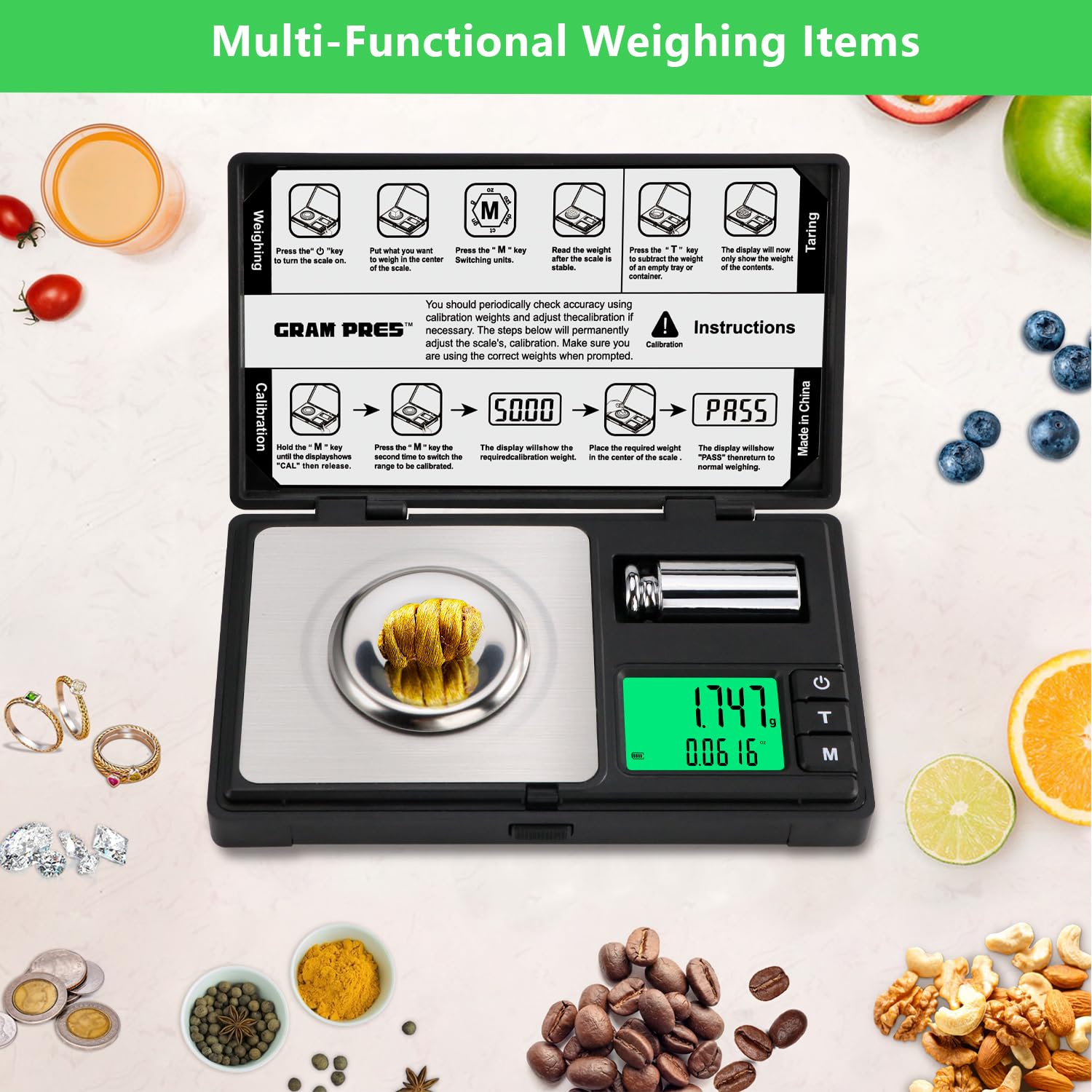 GRAM PRES High Precision Milligram Scale,50g/0.001g Digital Mini Pocket Gram Scale,Mg Scale for Weighing Powders,Jewelry, Medicine, Gem, Reloading, with Cal Weight, Tweezer ,Tray and Scoop