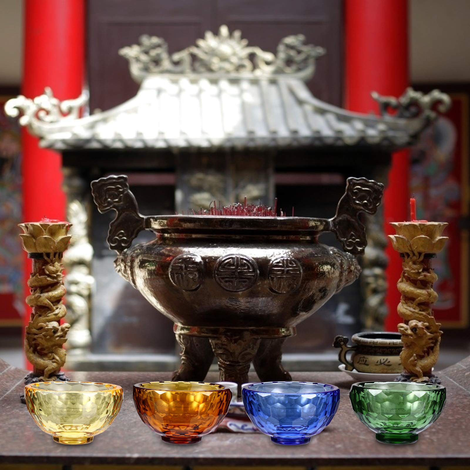 IMIKEYA 4pcs Tibetan Buddhist Water Offering Bowl Crystal Holy Water Bowl Religion Container Glass Buddha Cup Mini Votive Tealight Holder for Yoga Meditation Altar Buddhist