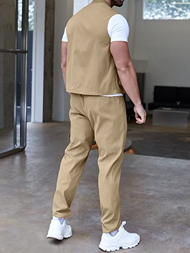 NIBHZ Two Piece Outfits for Men Men Flap Pocket Bomber Jacket & Cargo Pants Without Tee (Color : Khaki, Size : Medium)