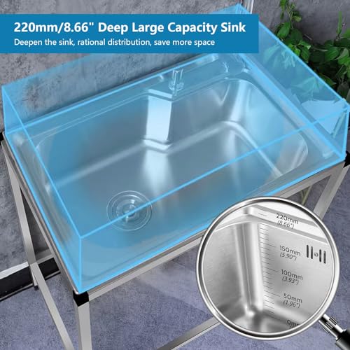 Freestanding Utility Sink,Laundry Tub With Drain,Outdoor Stainless Steel Kitchen Sink,Wash Tub Stand,for Garage/Restaurant/Outdoor/Backyard,Strong Stability,for Indoor Outdoor (Size : L 23.6in)