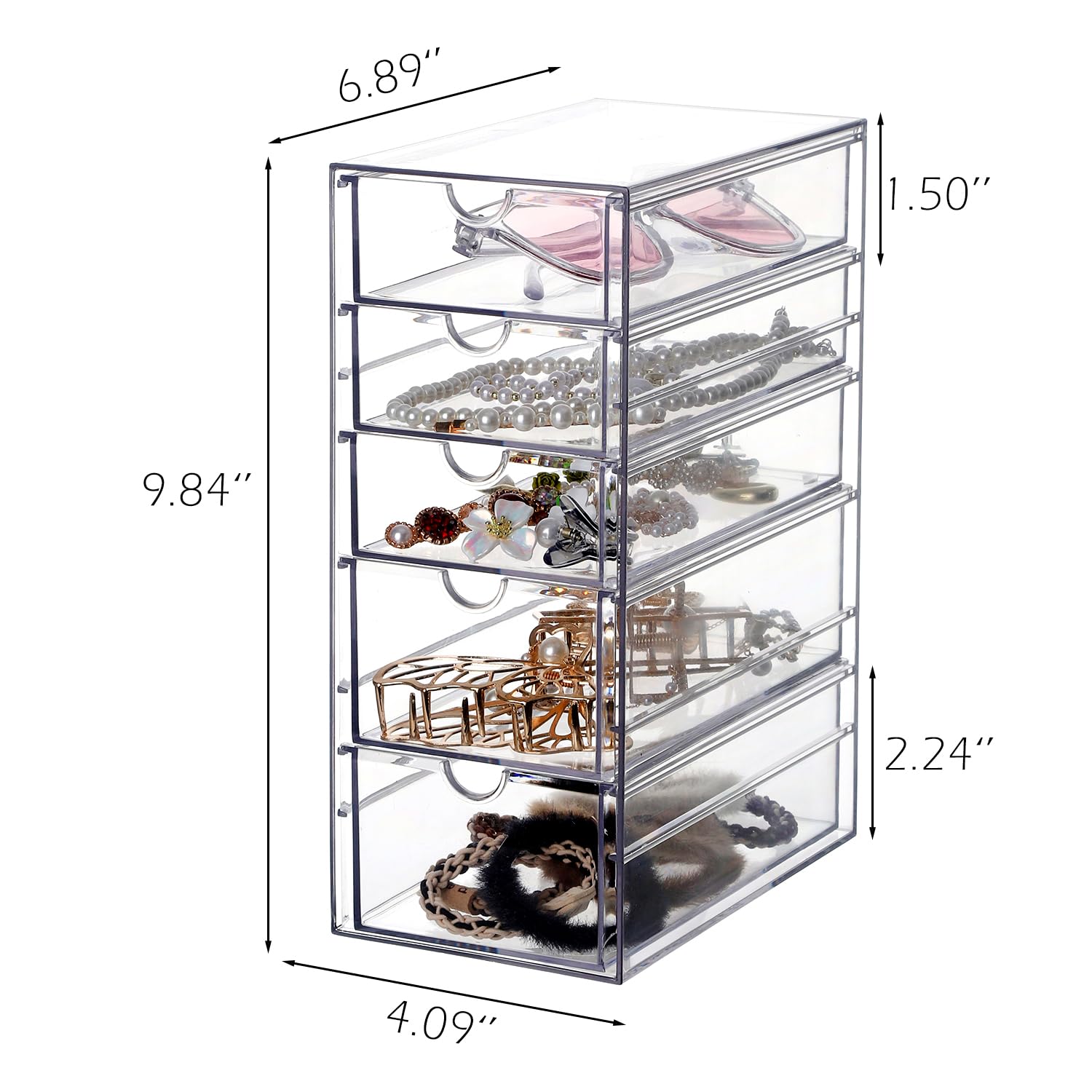 RAMFIYN Clear Stackable Beauty Box Storage 6 Drawer, Desk Narrow Acrylic Storage Drawers, Slim Storage Drawers Jewelry Organizer for Vanity, Bathroom, Bedroom, Office