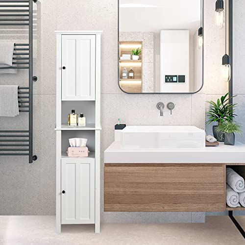 Unovivy Tall Bathroom Storage Cabinet Floor Standing Freestanding Linen Tower with 2 Doors & 6 Shelves, 15.7X 11.8X 66.9 Inches, for Living Room, Kitchen, Off-White