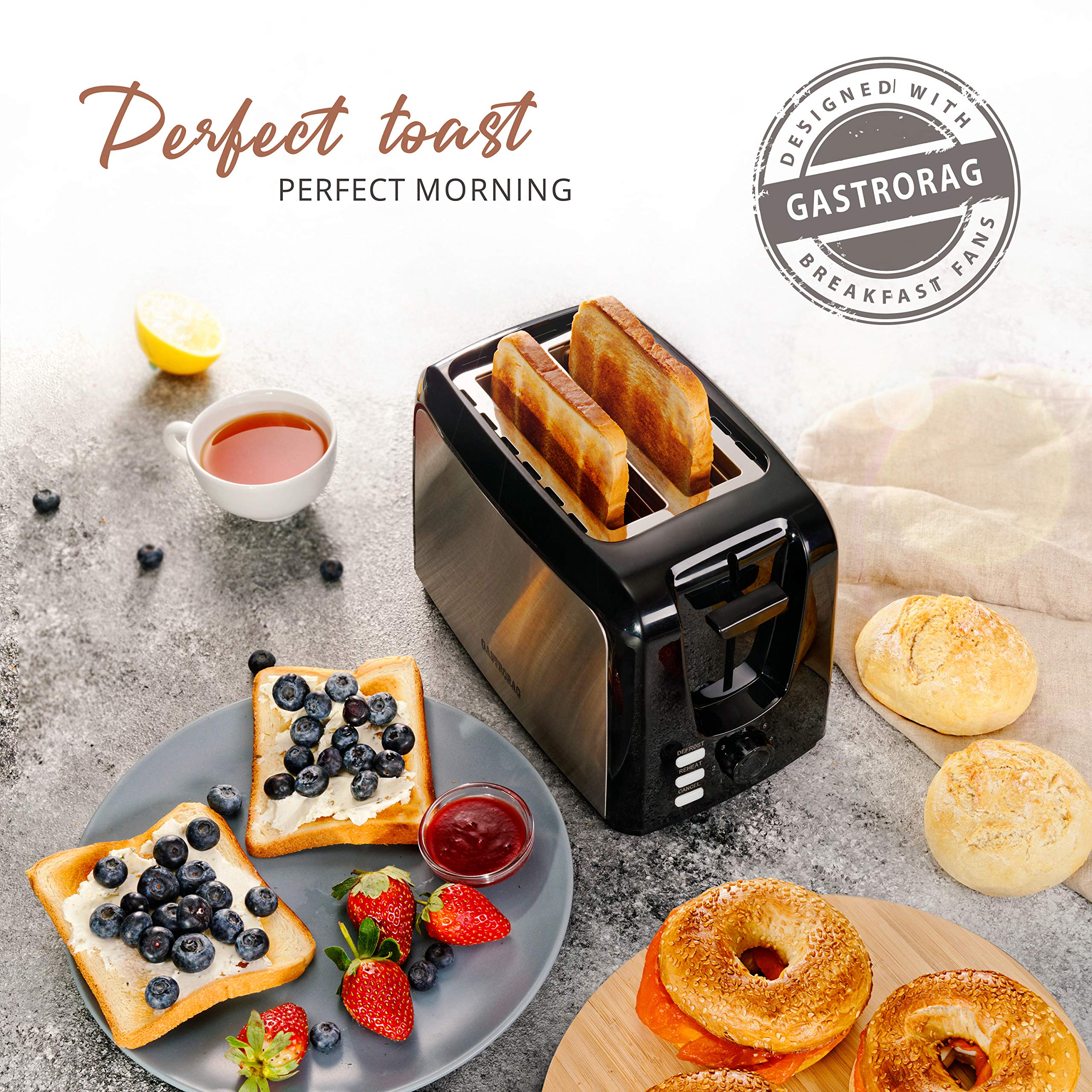 Gastrorag 2 Slice Toaster – Wide Slot Stainless Steel Toaster with 7 Bread Shade Settings, Reheat/Defrost/Cancel Functions, Removable Crumb Tray, Cool Touch & Easy Clean, Black/Silver