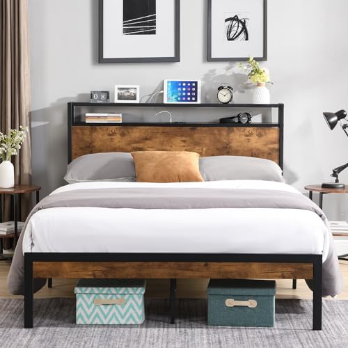 Foinfun King Bed Frame with USB and AC Charging, King Platform Metal Bed, Headboard with 2 Layers of Shelving, No Box Spring Needed, Brown