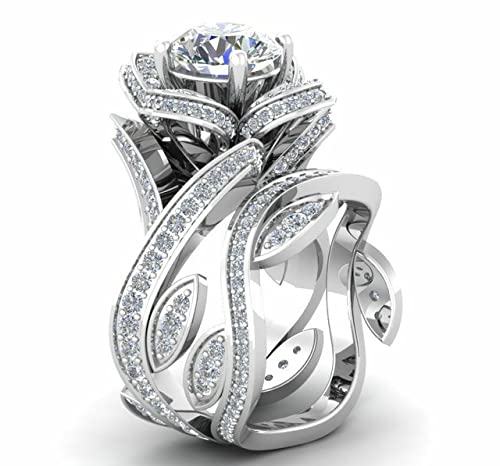 Flower Lotus White Diamond Engagement Wedding Bridal Ring Set 14K White Gold Over