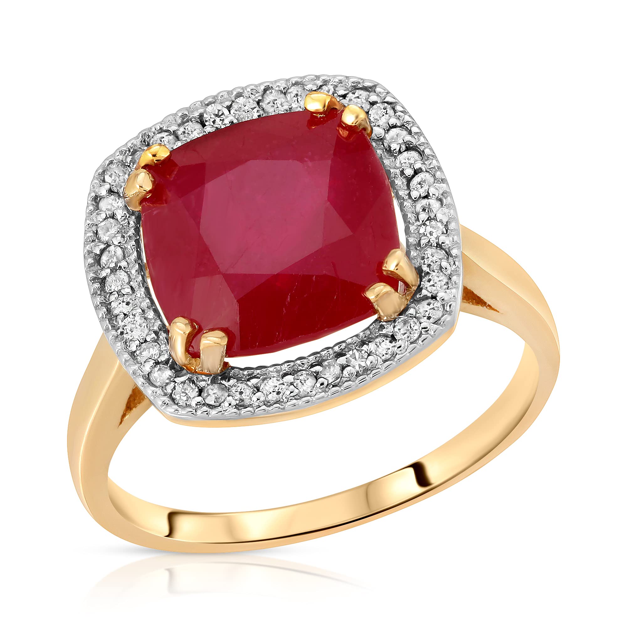 Galaxy Gold GG 14K Solid Yellow Gold Cushion Cut Genuine Brilliant Grade AAA Ruby Ring 6.9 CTW with Natural Diamonds (10.0)