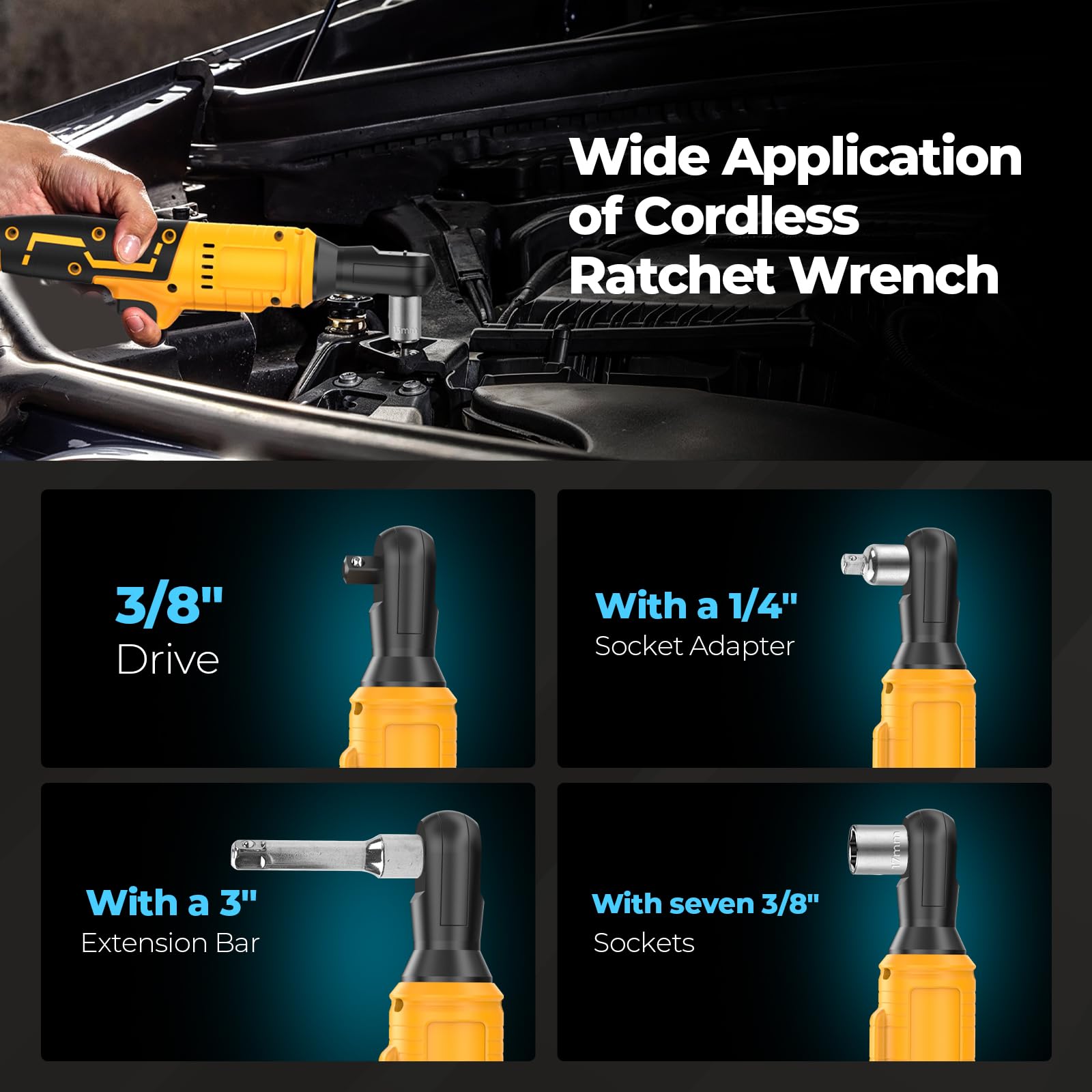 Ratchet Wrench Compatible With Dewalt 20V MAX Battery(No Battery) 3/8" Cordless Ratchet Wrench with 74Ft-Lbs Torque,Brushless Motor,7CS Sockets,1/4" Adapter,3" Extension Bar