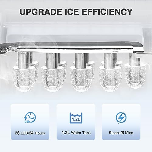 R.W.FLAME Ice Makers Countertop,Ice Maker 6 Minutes 9 Ice Cubes 24 Hours 26 lbs Self-Cleaning Portable Ice Maker with Handle and Ice Scoop, Ice Maker for Home/Office/RV/Party(Black)