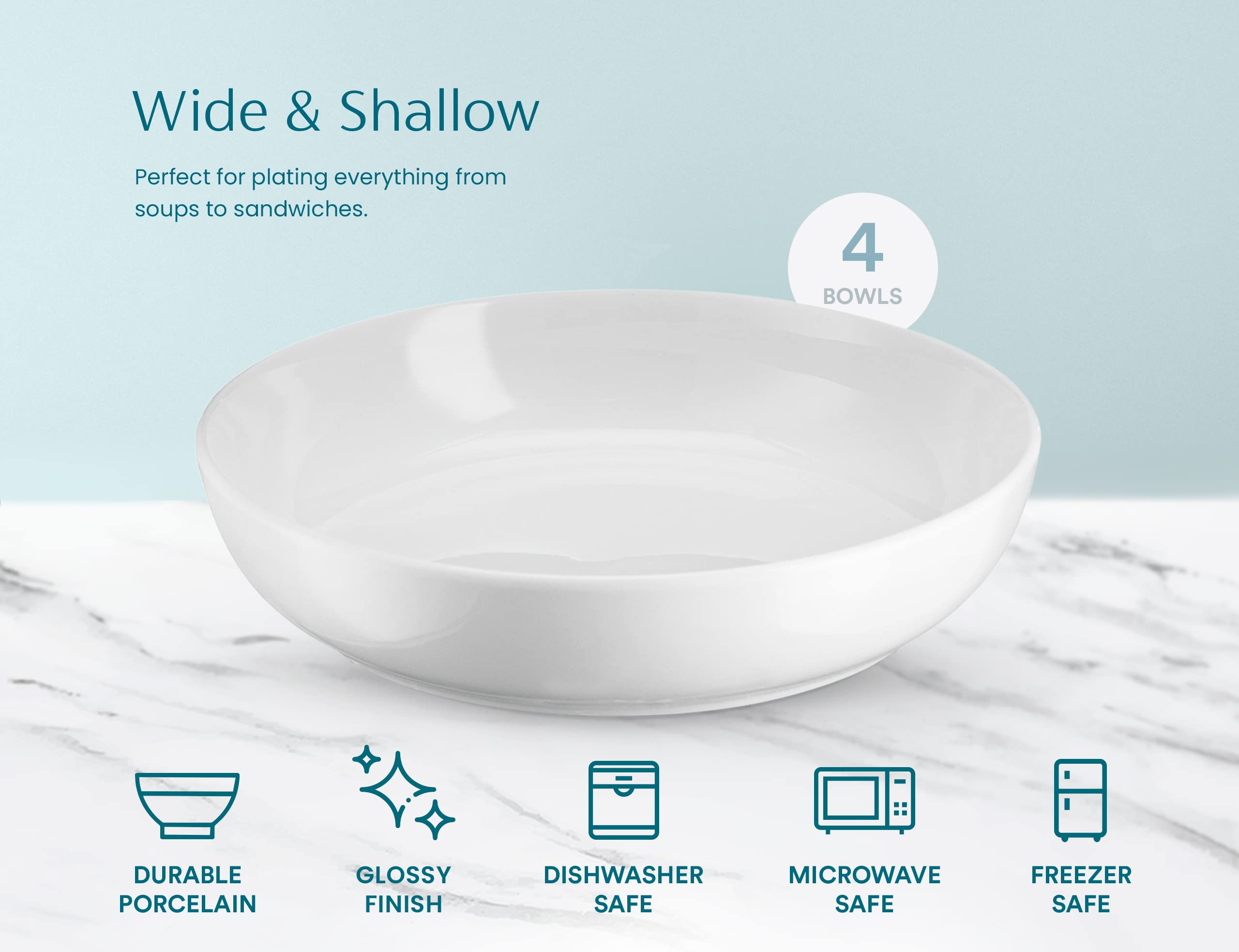 KooK Salad Bowl, Pasta Bowls, Soup, Serving Bowls, Ceramic, Large Capacity, Microwave & Dishwasher Safe, Set of 4, 40 Oz, (White)