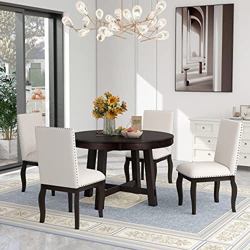 OYN 5-Piece Kitchen Room Furniture, Wooden Farmhouse Round Dining Table Sets with 4 Nailhead Decor Upholstered Chairs and Extendable Tabletop for 4 Persons Family Meal, Espresso