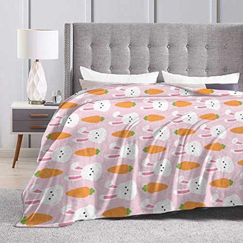 Rabbit and Carrot Throw Blanket Soft Warm Cozy Lightweight Blankets Cute Easter Bunny Flannel Blanket for Sofa Couch Bed Office Holiday Decorative 50"X40"