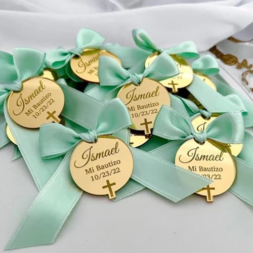 Personalized Acrylic Mirror Tags,Custom Engraved Name Tag Baptism Baby Show Grail Mirror Acrylic Round Circle Cross for Favors Baptism Wedding Engagement Custom Gift (70pcs)