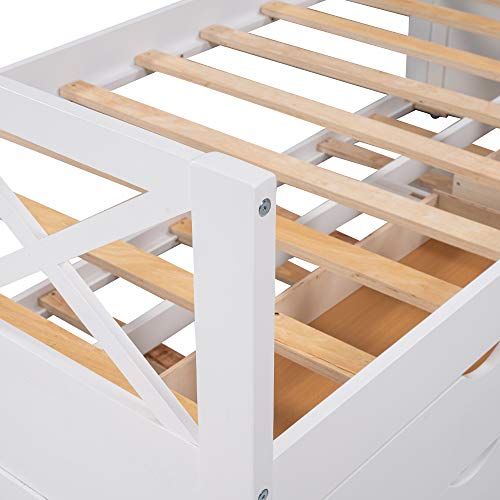 OYN Wooden Twin Multi-Functional Daybed Frame Set with X Headboard,Storage Drawers and Trundle for Children Teen Boys and Girls, White