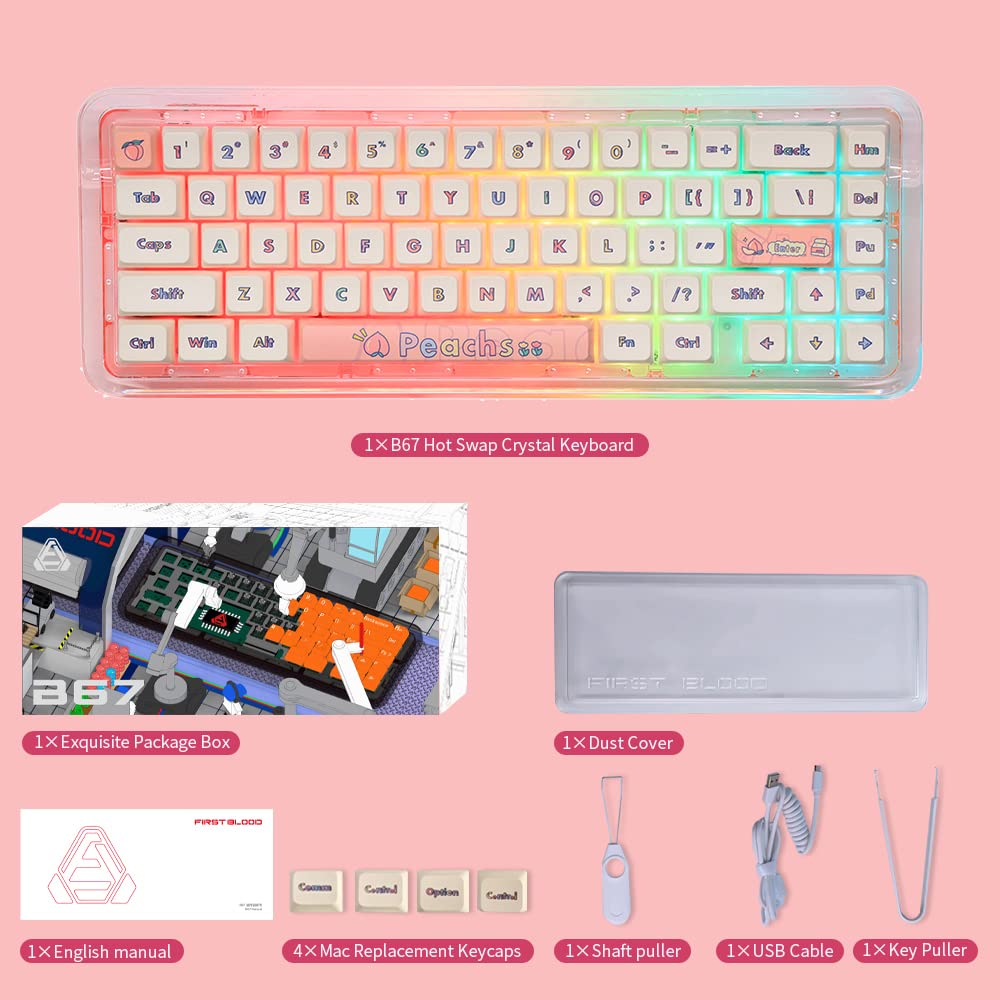 NACODEX 65% Transparent Crystal Acrylic Keyboard with Gasket Mount | MDA Profile Peach Theme PBT Keycaps | Smooth 38g MX Ice Sea Spirit Switch | 3750mAH RGB Hotswap Custom Keyboard