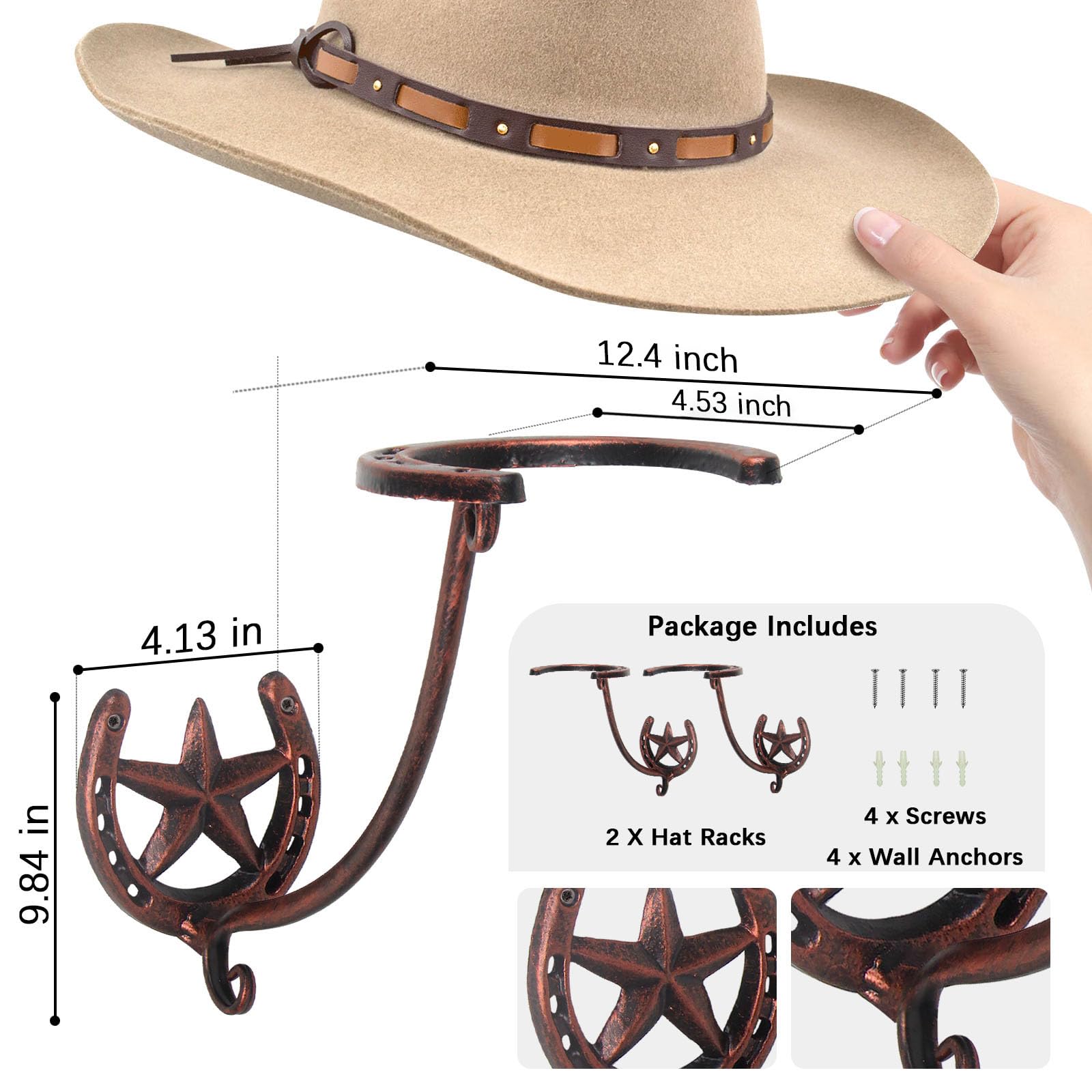 Kilarero Cowboy Hat Rack, 2 Pack Rustic Metal Cowboy Hat Holder with Hooks Horseshoe Cast Iron Hat Hanger for Wall Western Home Decor Storage and Display - Keeps Original Shape
