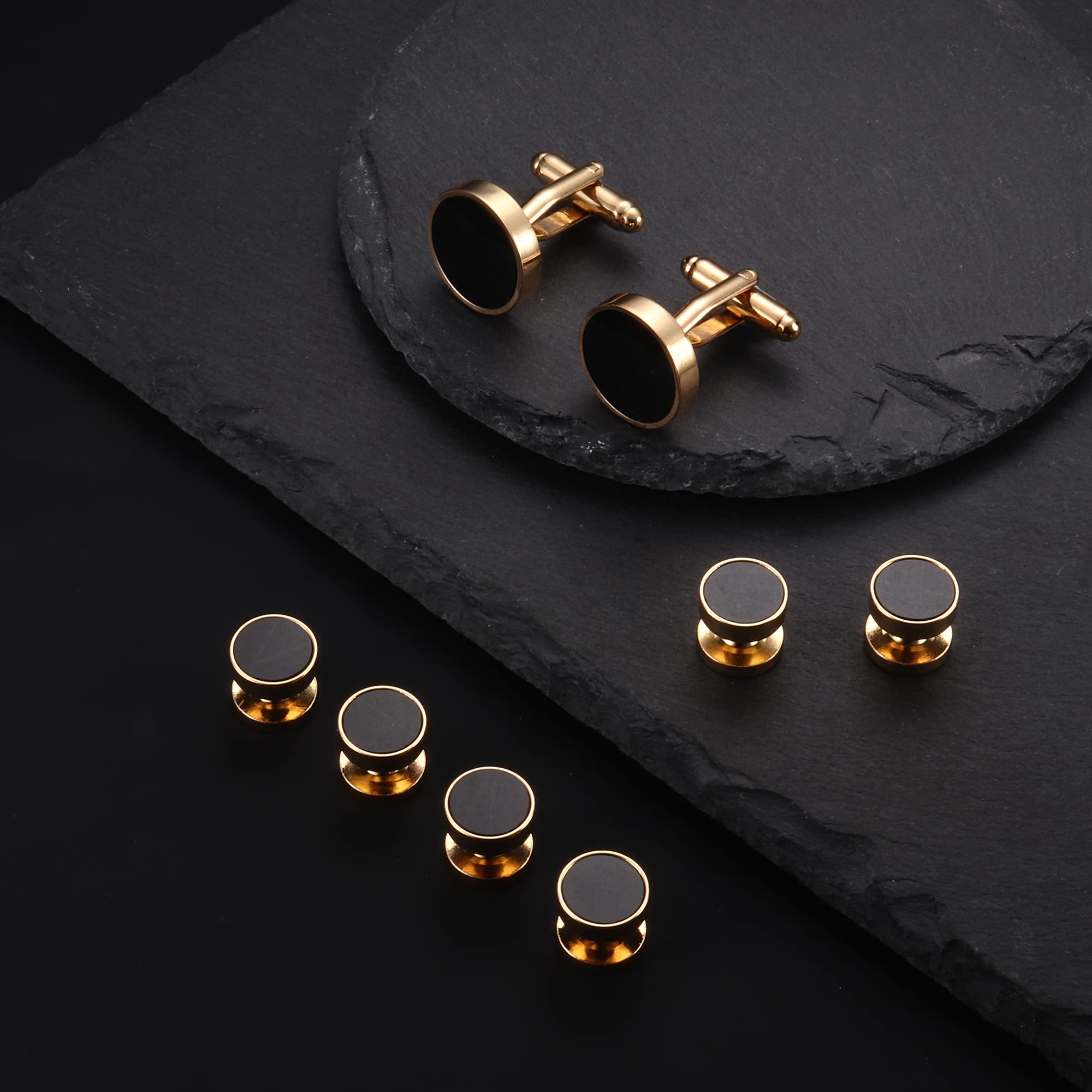 FASACCO 8PCS Cufflinks for Men Classic Cufflinks and Studs Set Black Gold Silver Tuxedo Shirts Cufflinks for Business Wedding, Style 3