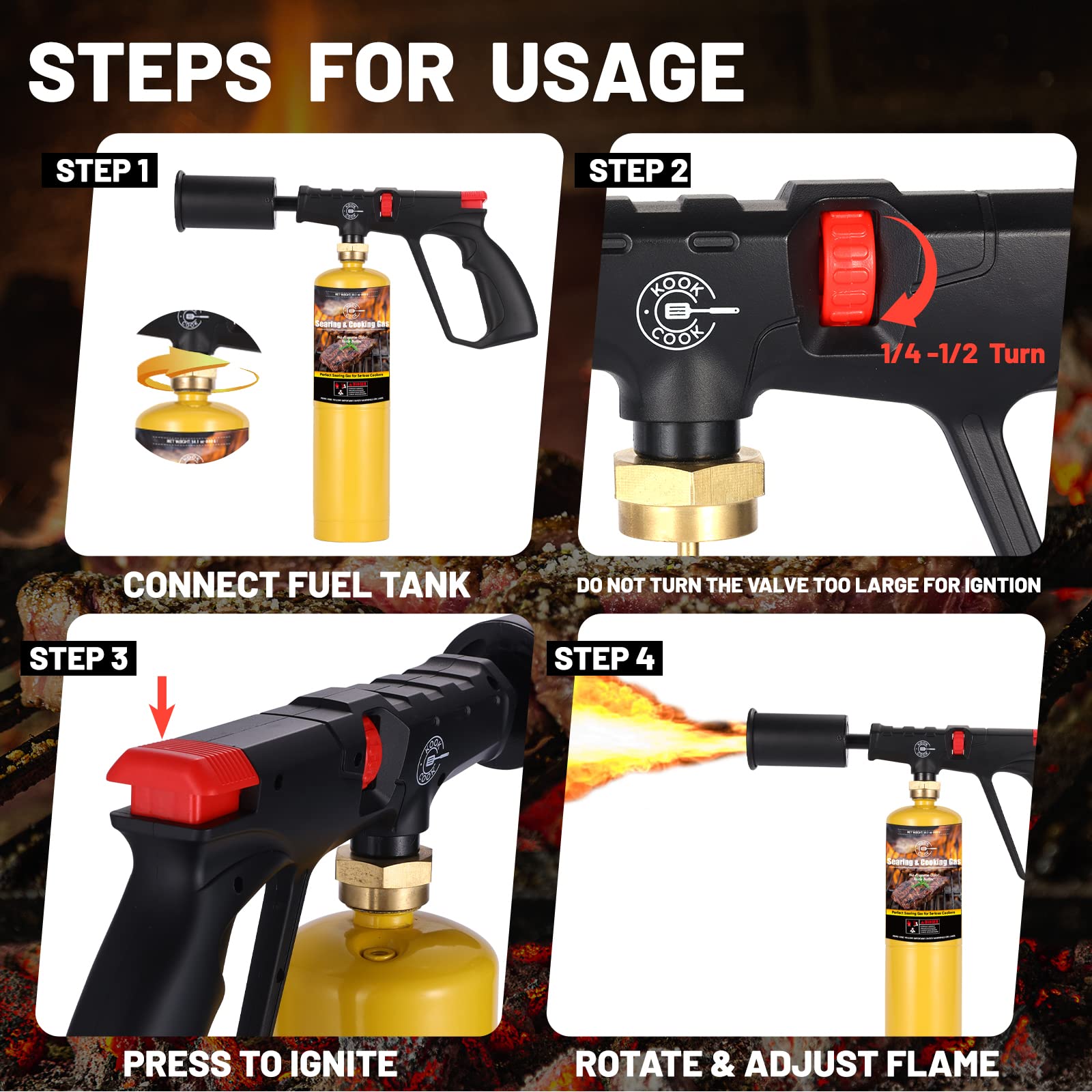 KookCook Cooking Grill Torch Kit with 14.1 oz Fuel Gas Cylinder Sous Vide Blowtorch MAPP MAP Pro Propane Torch Food Kitchen Grilling Gun Culinary BBQ Tool for Searing Outdoor Camping Charcoal Starter