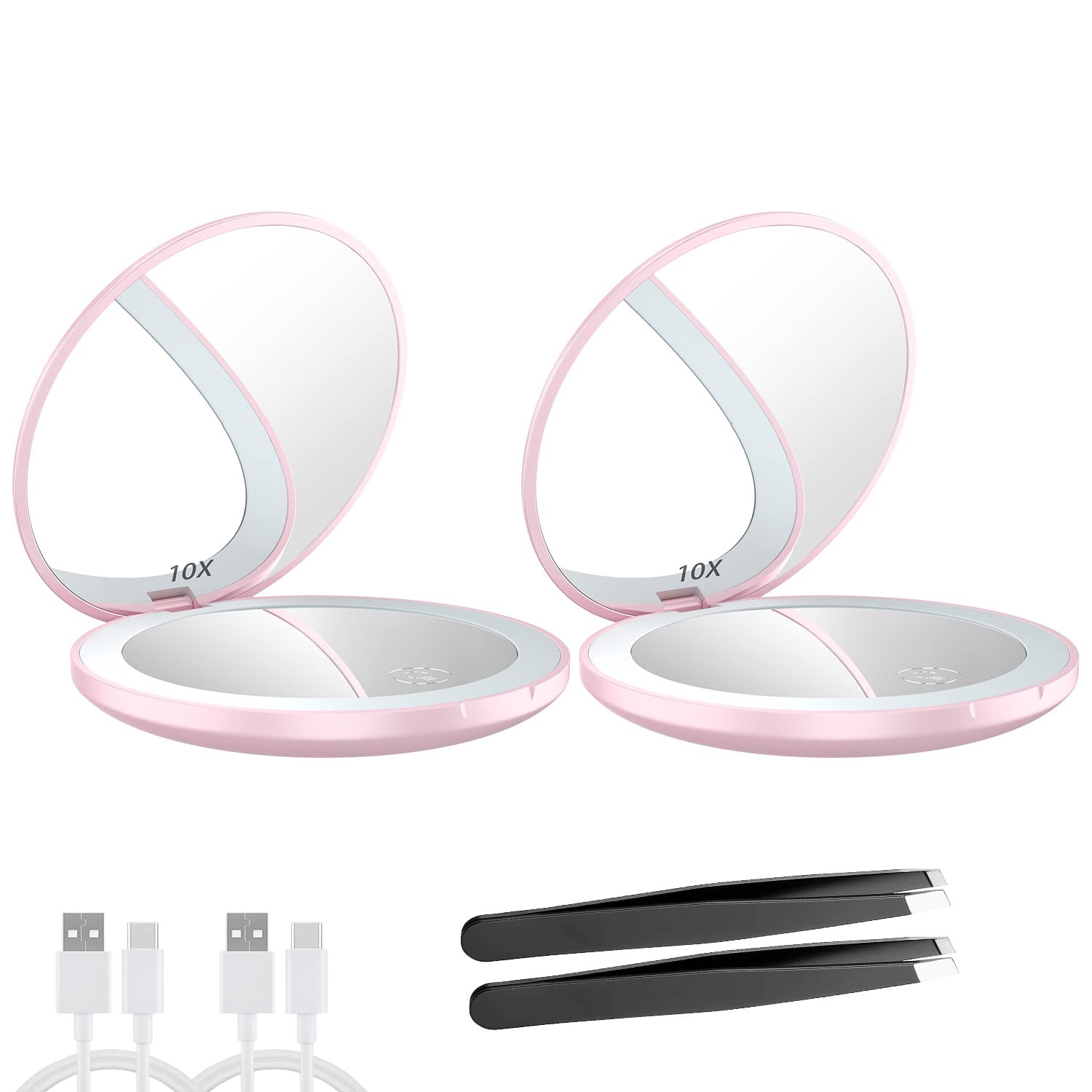 Kilobey LED Lighted Travel Makeup Mirror, 1x/10x Small Compact Magnifying Mirror, Mini Portable Folding Mirror for Purse, 3.5 inch Pocket Mirror, Handheld 2-Sided Mirror, Round, White