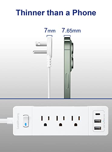 Leadchuang 1875W Power Strip Ultra-Flat Plug Extension Cord with USB C Ports, Surge Protector with 3 USB 3 AC Outlet, Mountable Flat 5 ft with Phone Stand for Kitchen, Home and Office