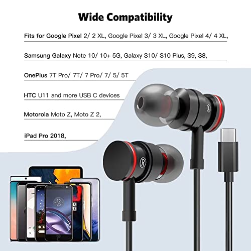 USB C Earbuds Headphones Bass Stereo Earphones with Microphone in Ear Earbud Headphone Bass with Mic and Volume Control USB Type C Compatible with Google Pixel 2/XL, Xiaomi, Huawei and More