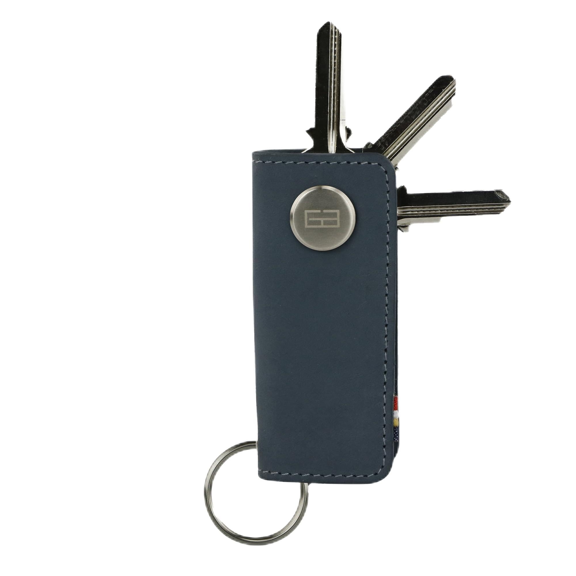 GARZINI Leather Key Organizer, Compact Key Holder with Key Chain, Pocket Key Holder for up to 7 Keys + Car Key Holder, Sapphire Blue