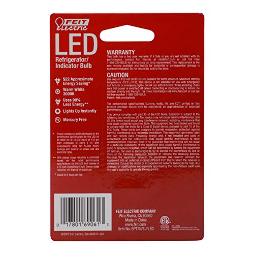 Feit Electric BPT7N/SU/LED Non-Dimmable Led Bulb, 15 W, 120 Vac, E17 (Intermediate) Base, Warm, 80 Lumens, White