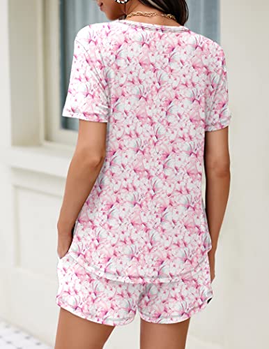 Ekouaer Women's Pajamas Sets Short Sleeve Lounge Sets Sleepwear Casual Two Piece Pjs With Pockets Pink Butterfly Large