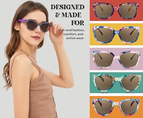 Leafael Sunglasses Womens Trendy Retro Purple Floral Designs | Polarized Lens UV Protection | Round Cat Eye Frame | Casual & Active