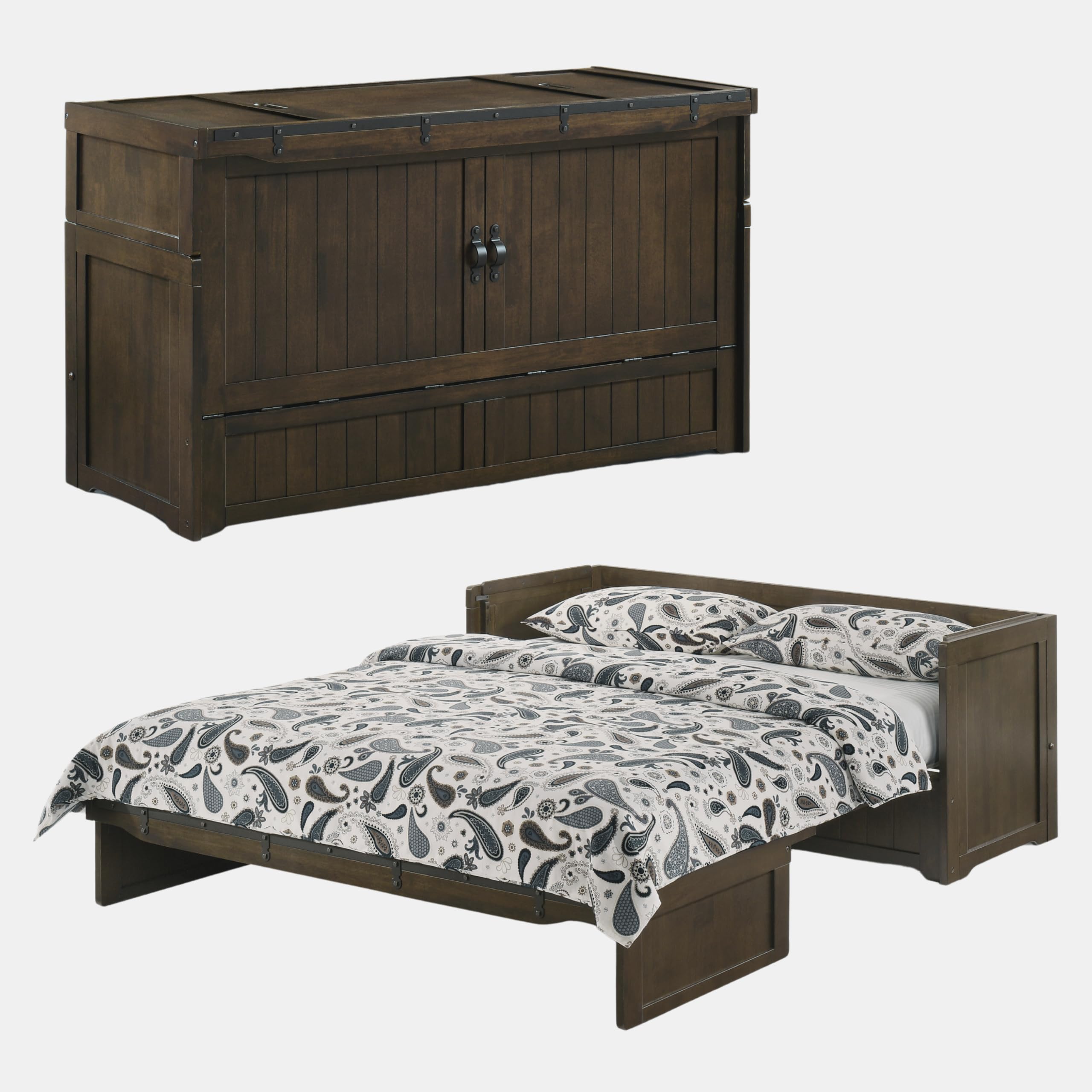 Night & Day Furniture Murphy Cube Cabinet Bed with 6" Gel Memory Foam Tri-Fold Mattress (Rustic Brown w/Ranchero Hardware, Queen)