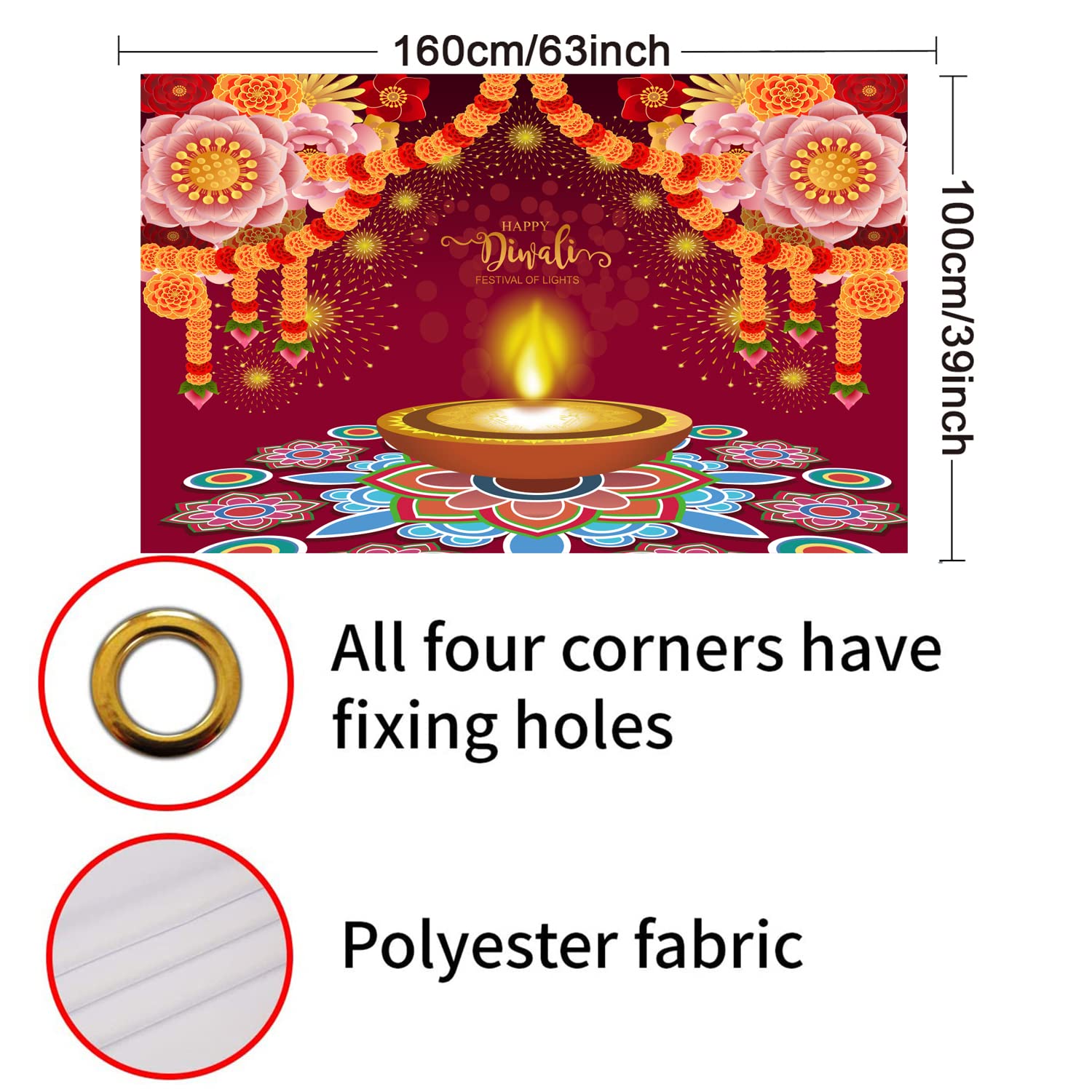 Happy Diwali Backdrop Banner Festival of Lights Diwali Decorations Party Supplies, Deepavali Background Banner for Photo Backdrop
