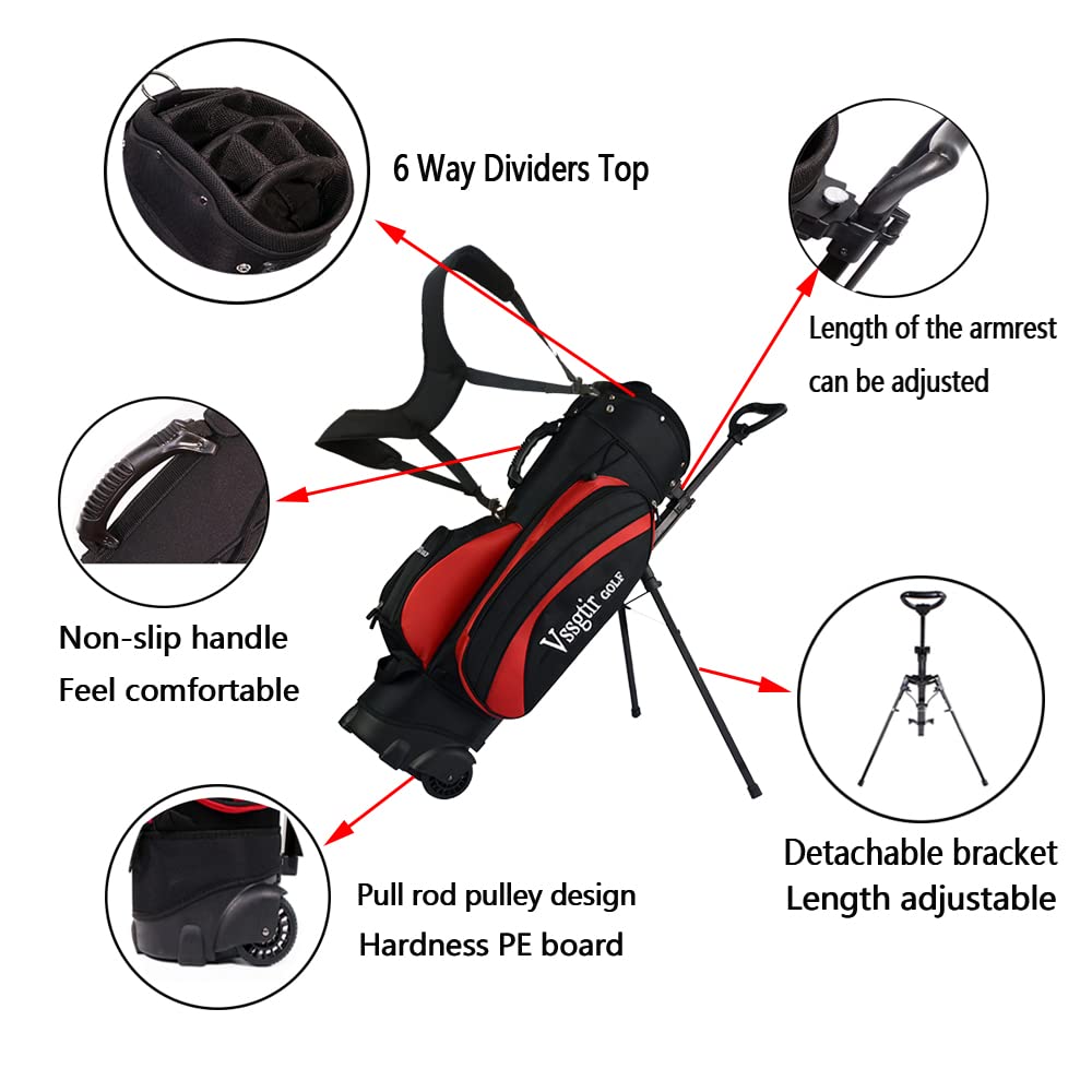 Golf Stand Bag with Wheels, Retractable Bracket Golf Club Bag for Men, 6 Way Top Dividers with Dual Strap, Easy to Carry and Travel.