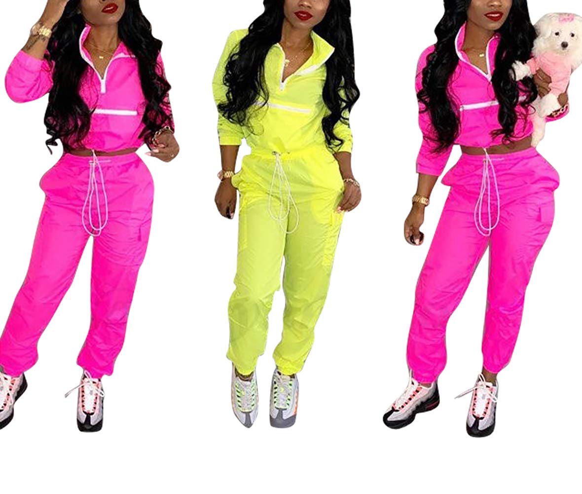 EOSIEDUR Women 2 Piece Outfits Tracksuit Jumpsuits Lightweight Windbreaker Pullover Jacket Crop Top Pants Set Large 8-10 Rose Pink