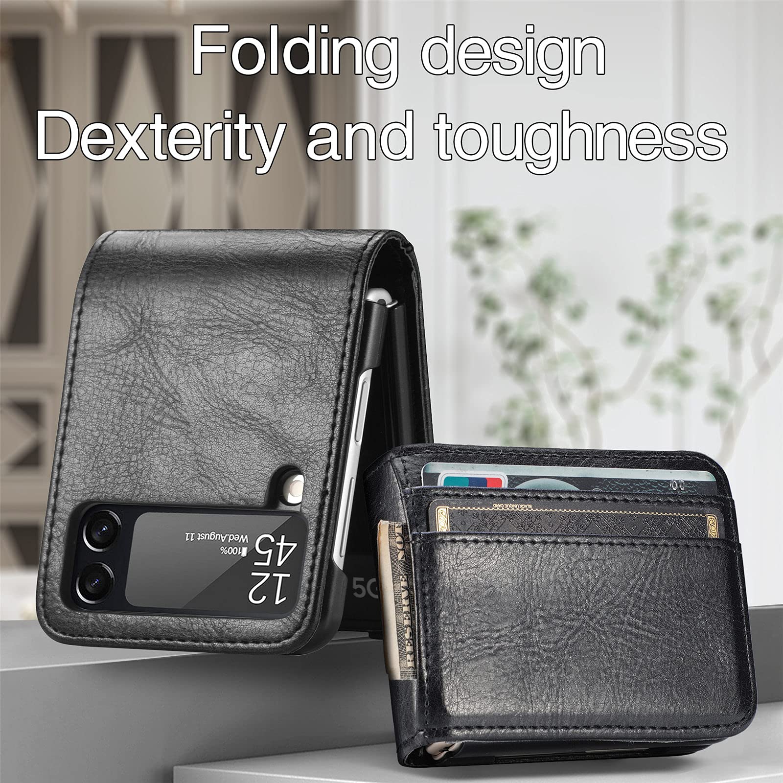 Ephoou Wallet Case for Samsung Galaxy Z Flip 3 5G with Card Holder, Premium PU Leather Phone Cover Case for Samsung Galaxy Z Flip 3 Business Black