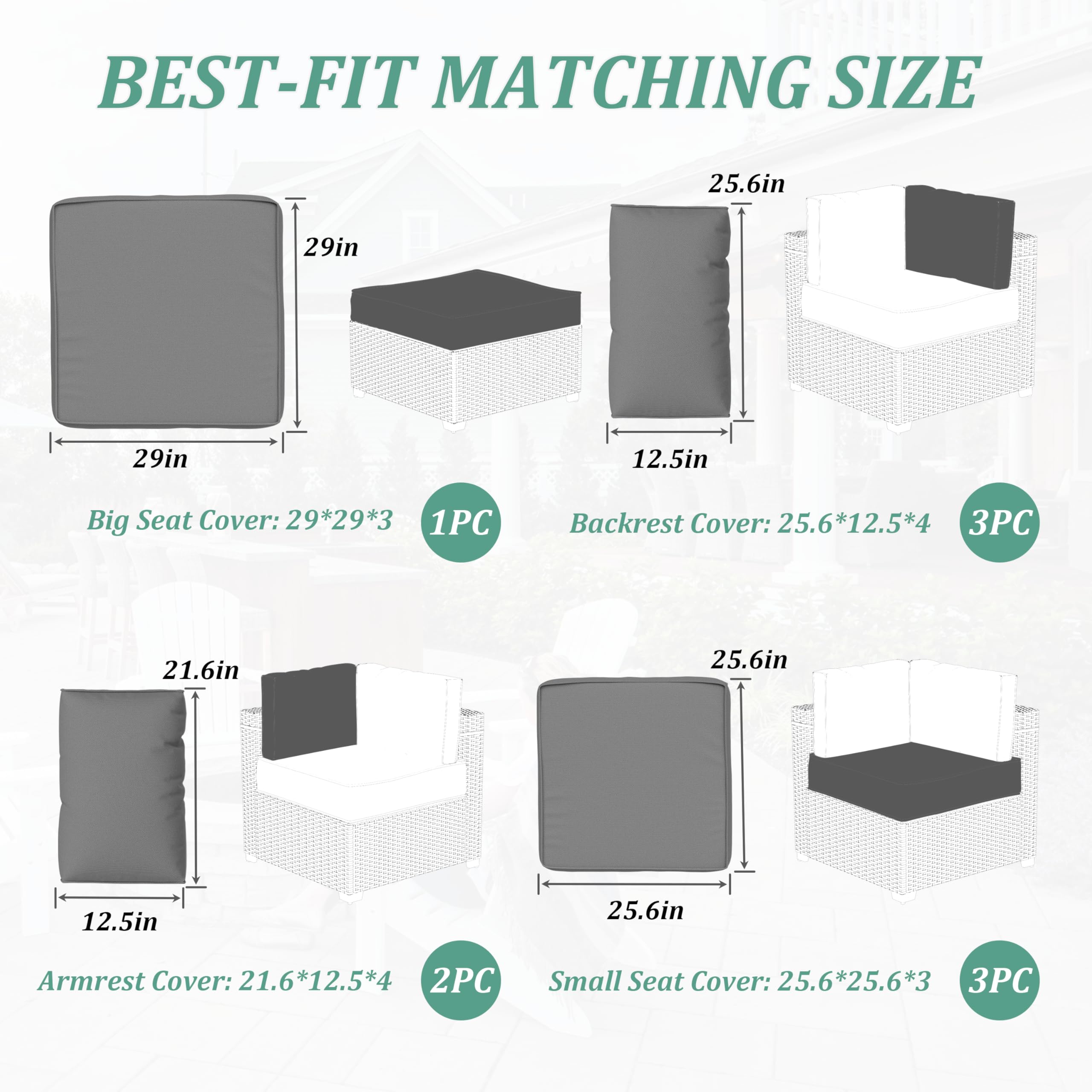 Kimunuk 9 Pcs Outdoor Patio Cushions Covers Replacement Waterproof with Zipper for 5 Pcs Patio Furniture Set, Covers Only
