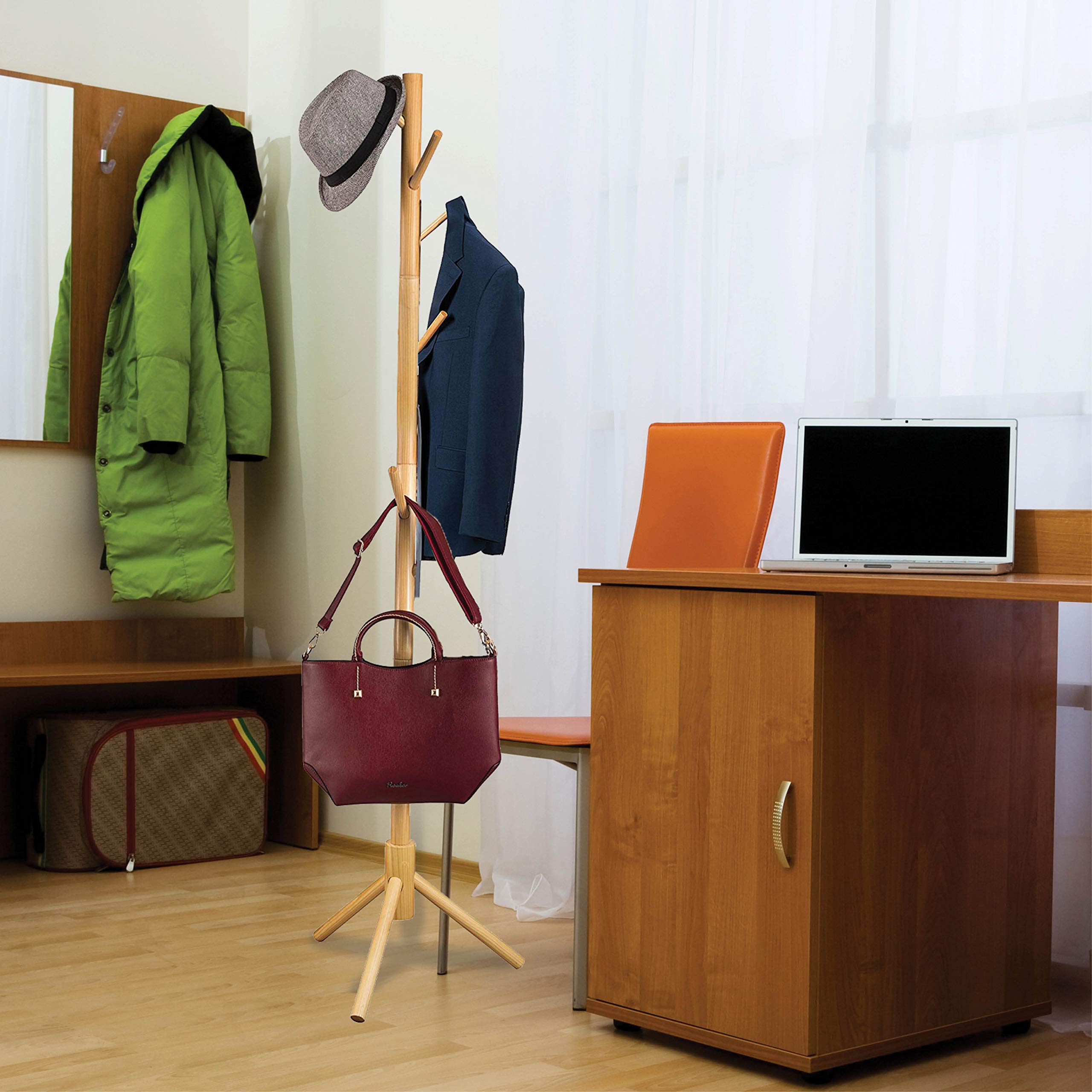 ZOBER Coat Rack Free Standing - Wooden Coat Tree W/ 6 Hooks - Coats, Purses, Hats - Adjustable Sizes, Easy Assembly - Natural