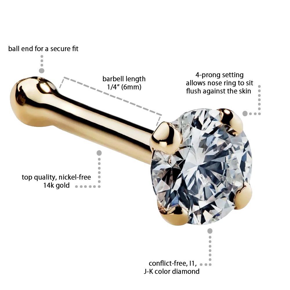 FreshTrends I1-2mm (0.03 ct. tw) Diamond 14K Yellow Gold Nose Ring Bone - 20G